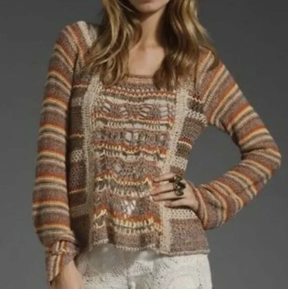 Free People Phoenix Brown Crochet Sweater Sz Medium - Gem